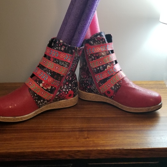 Shoes | Red Floral Boho Boots Nwot | Poshmark